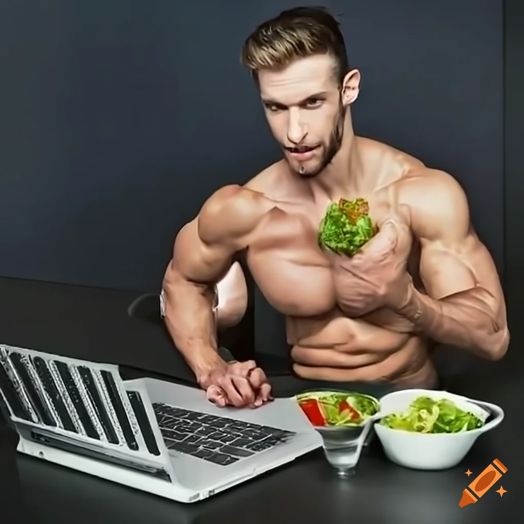 Muscular bodybuilder eating a nutritious salad on Craiyon