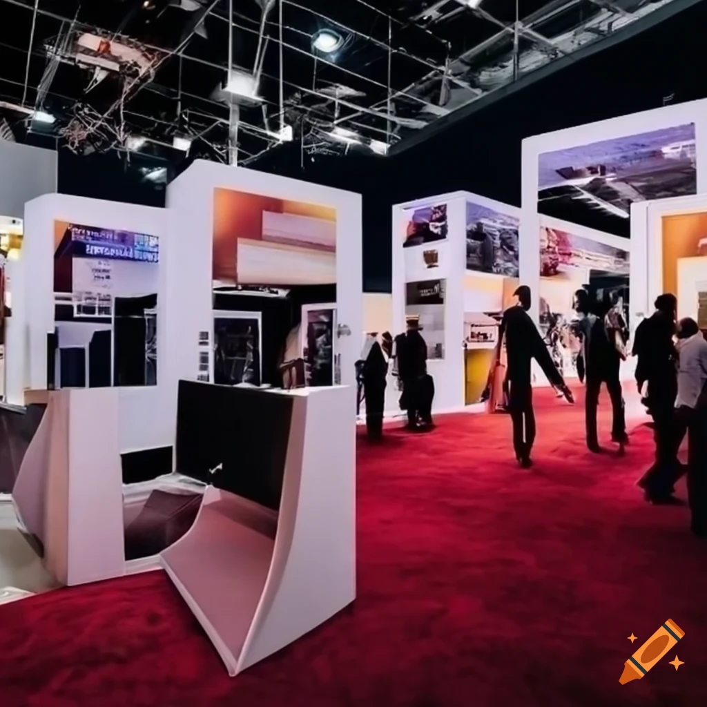 Busy exhibition area with multiple stands on Craiyon