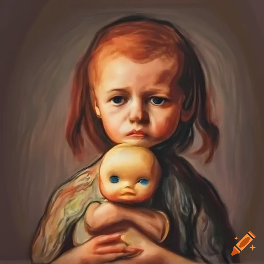 Artistic depiction of a sad child with a doll on Craiyon