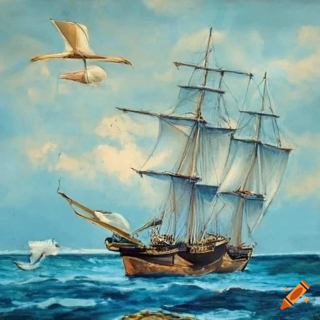 19th century painting of an albatross flying over a ship on the sea on ...