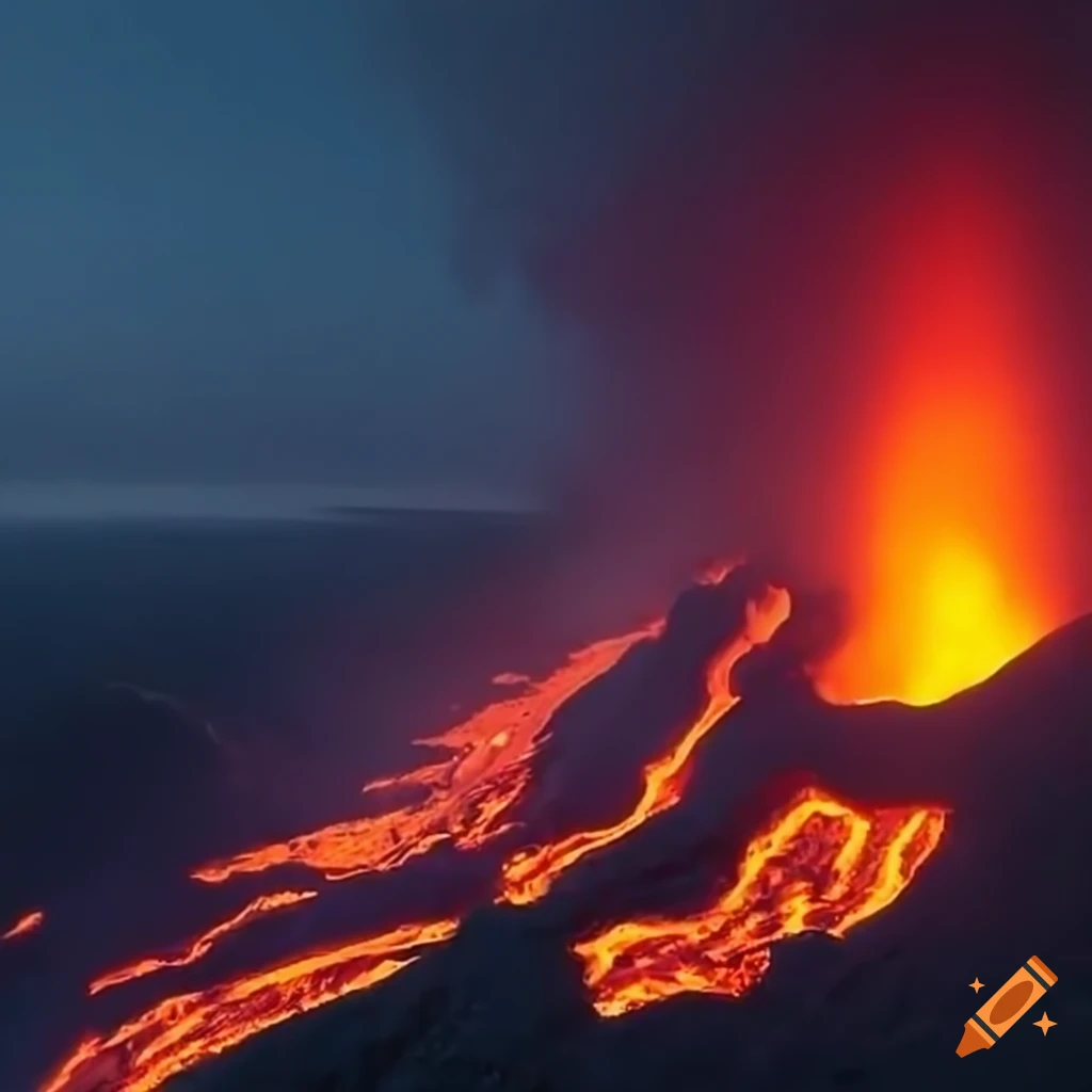Town near a giant volcano with lava flowing