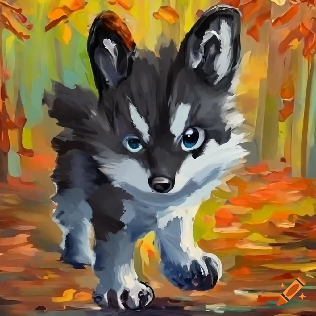 Black and white painting of a pokemon wolf cub in autumn forest on Craiyon