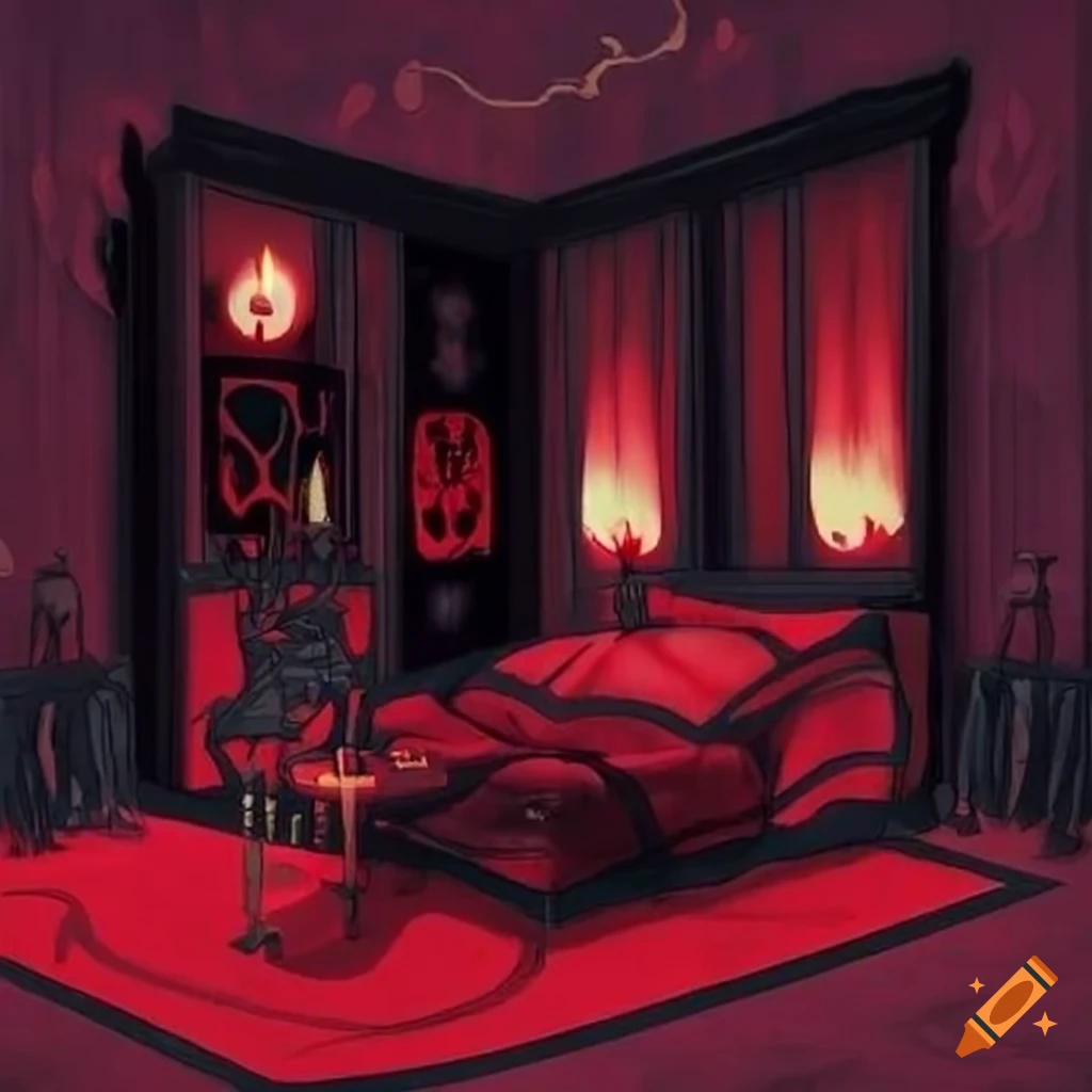 Anime-style goth bedroom with red sheets and candles on Craiyon