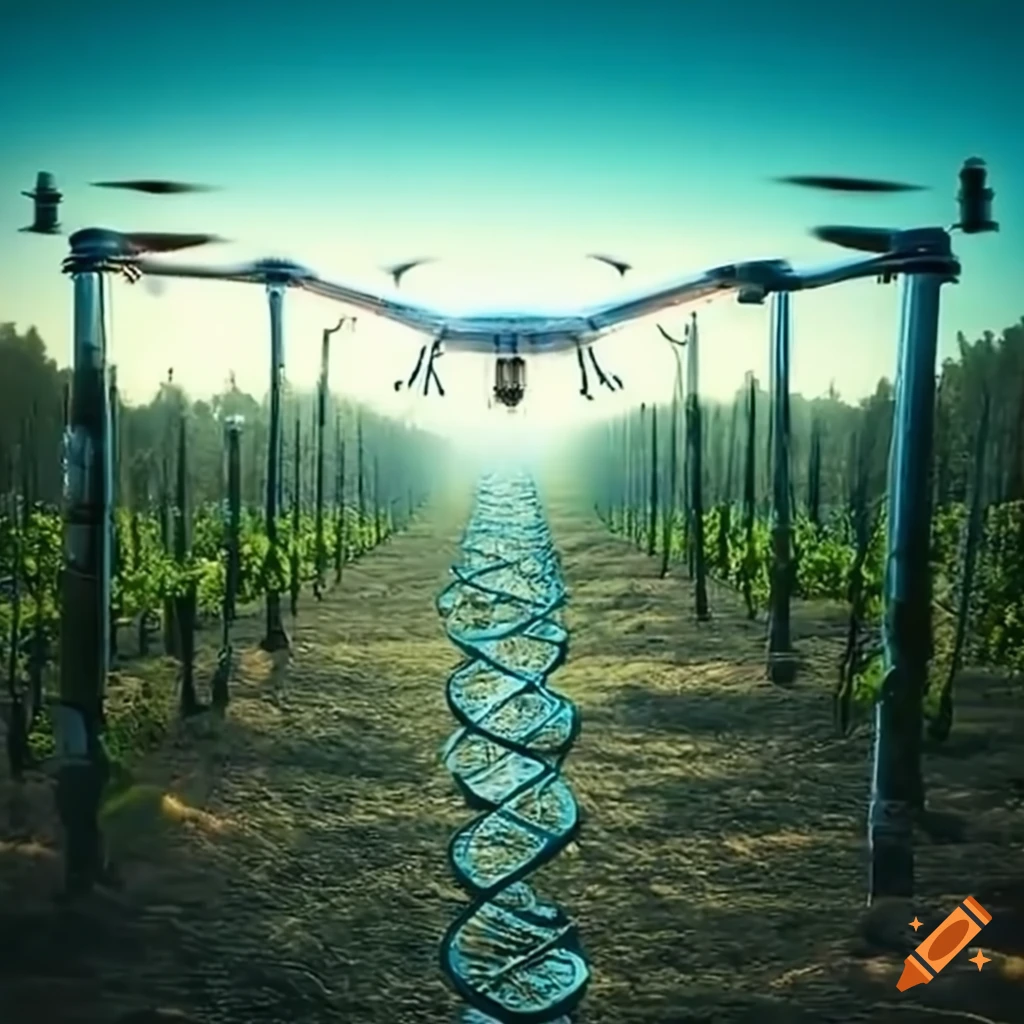 Futuristic drone scanning DNA helixes over a vineyard on Craiyon