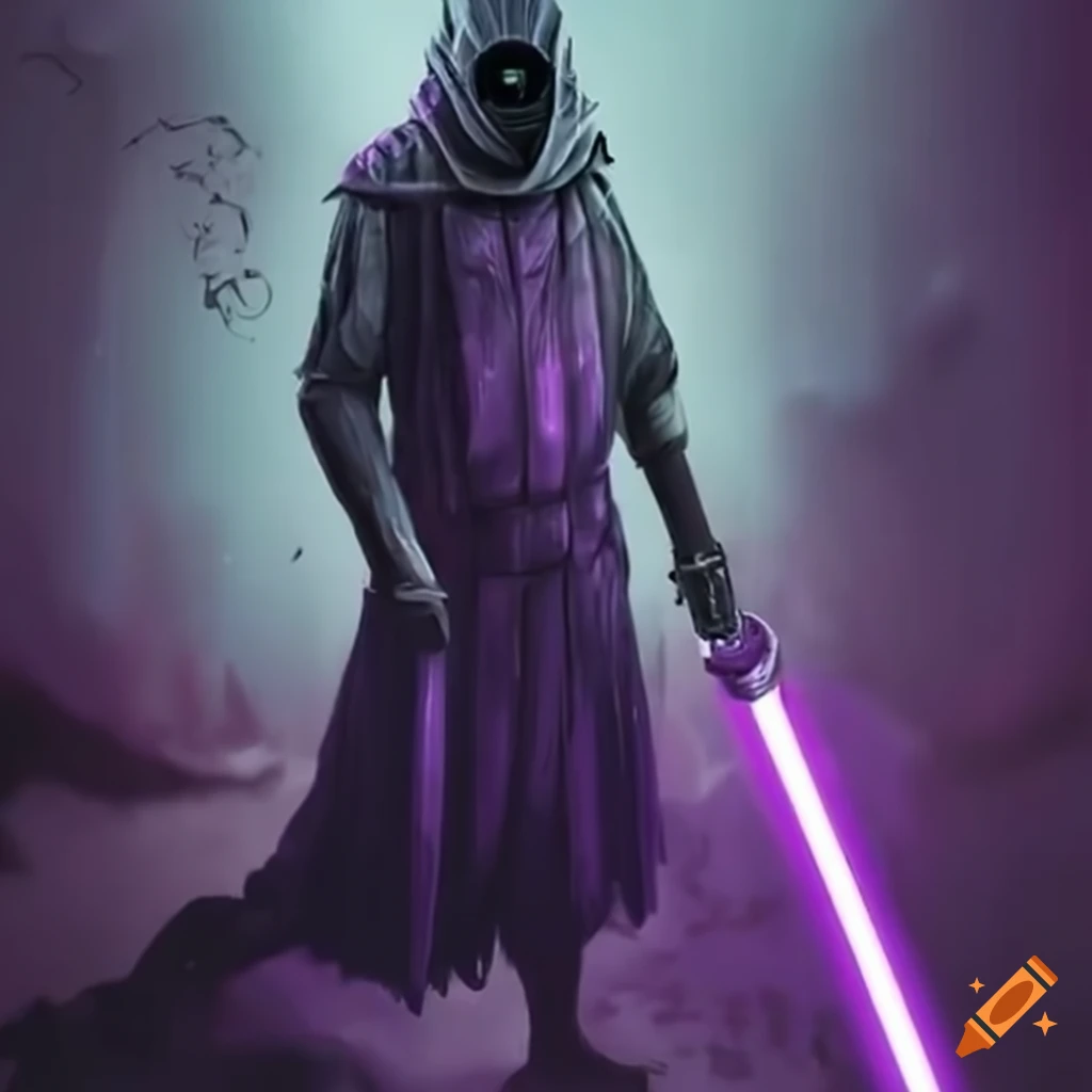 Hooded figure with a glint of a mandalorian helmet under their purple ...