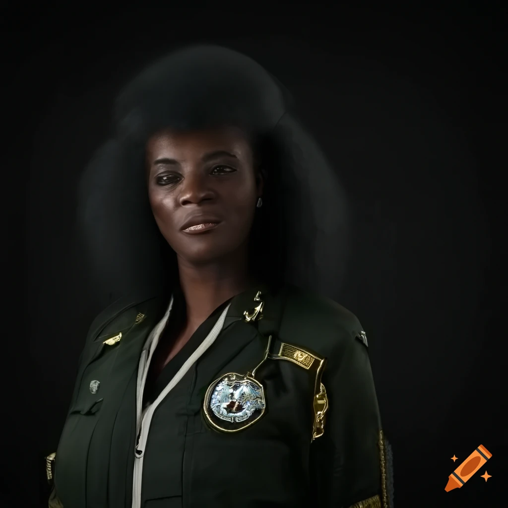 Confident female caribbean sheriff in a bomber jacket