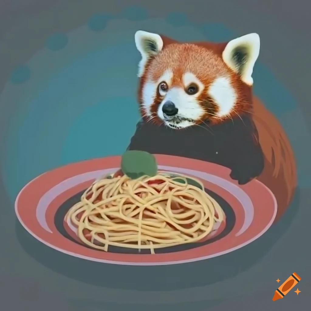 Red panda with a plate of spaghetti and meatballs