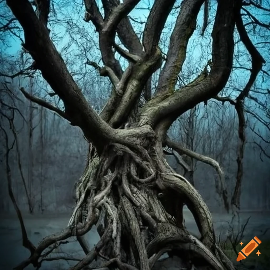 Eerie picture of a decaying tree with twisted branches on Craiyon