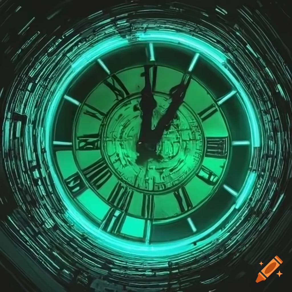 Neon green futuristic cityscape with glowing clock buildings on Craiyon