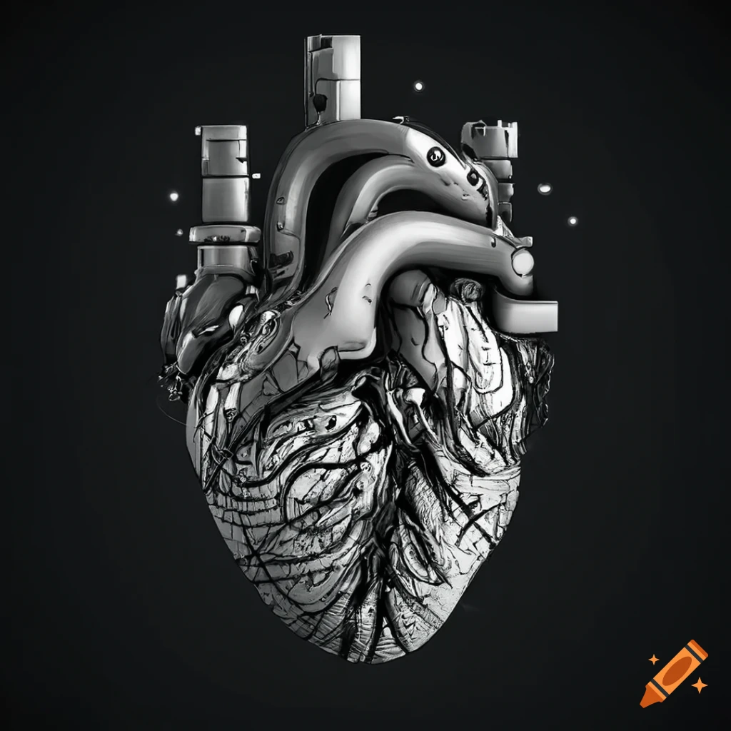 Intricate monochrome artwork of a futuristic cyborg heart on Craiyon