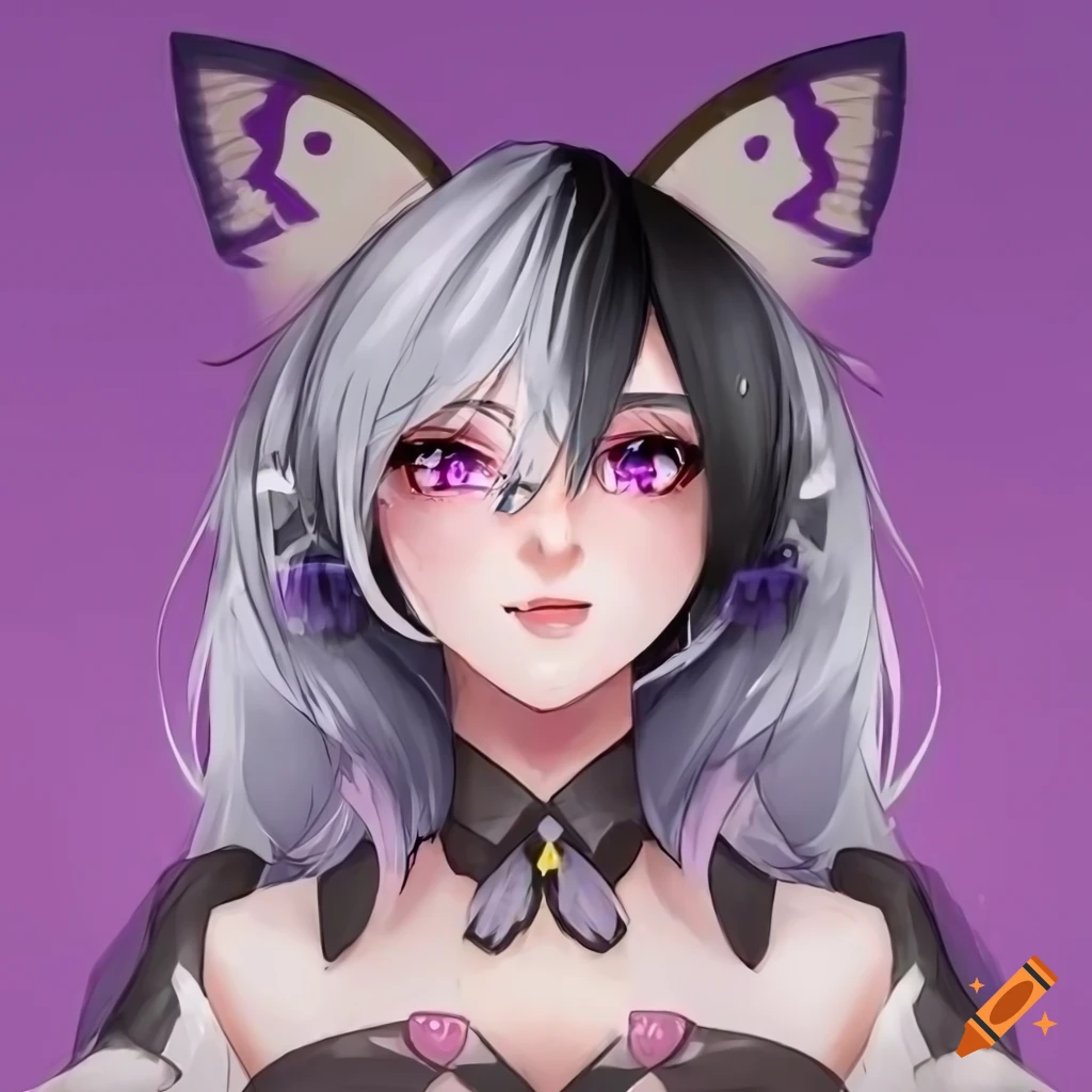 Portrait of a cute moth e-girl vtuber with unique hair and purple eyes ...