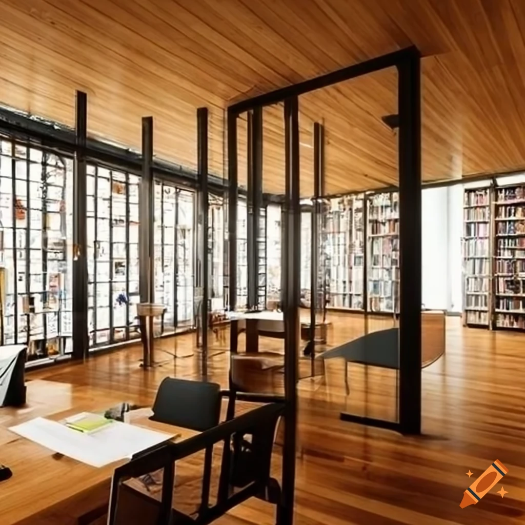 Modern library with a reading area and gallery