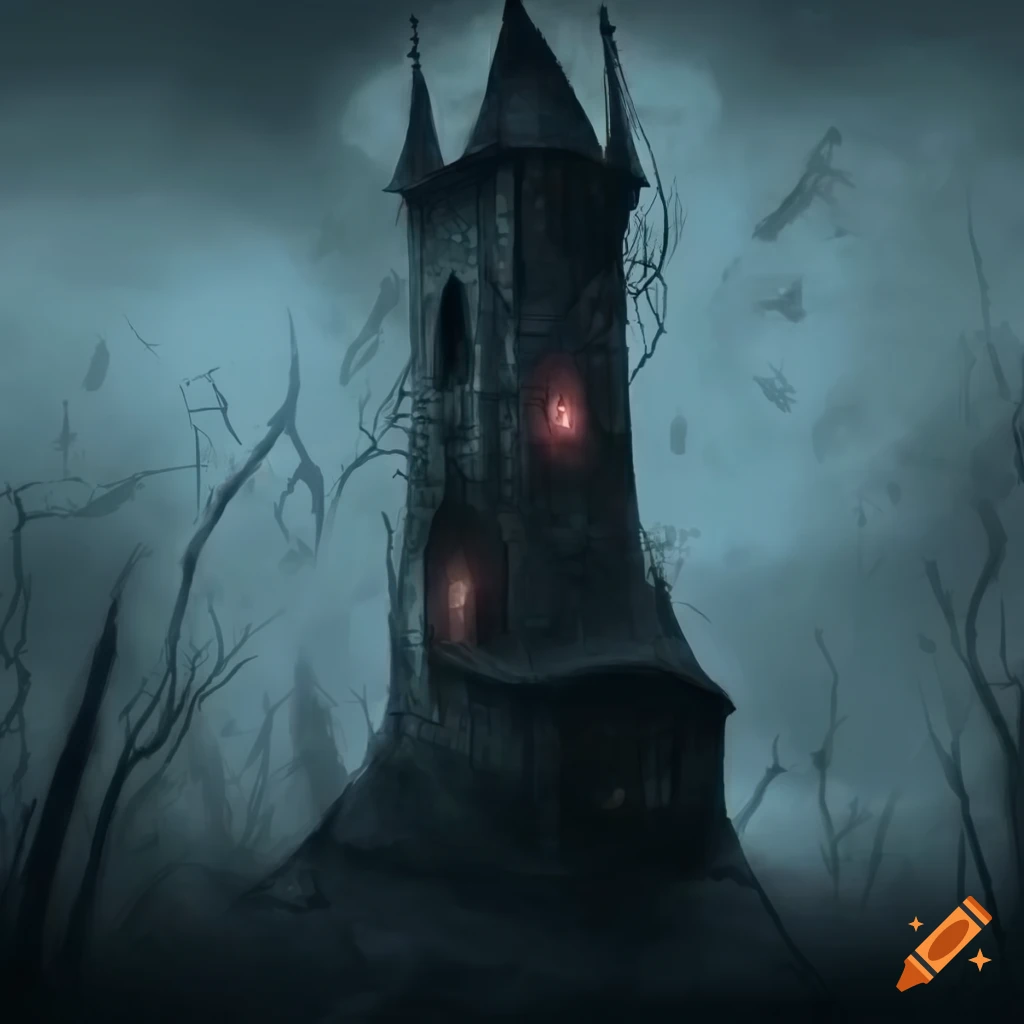 Image of a dilapidated wizard's tower at night on Craiyon