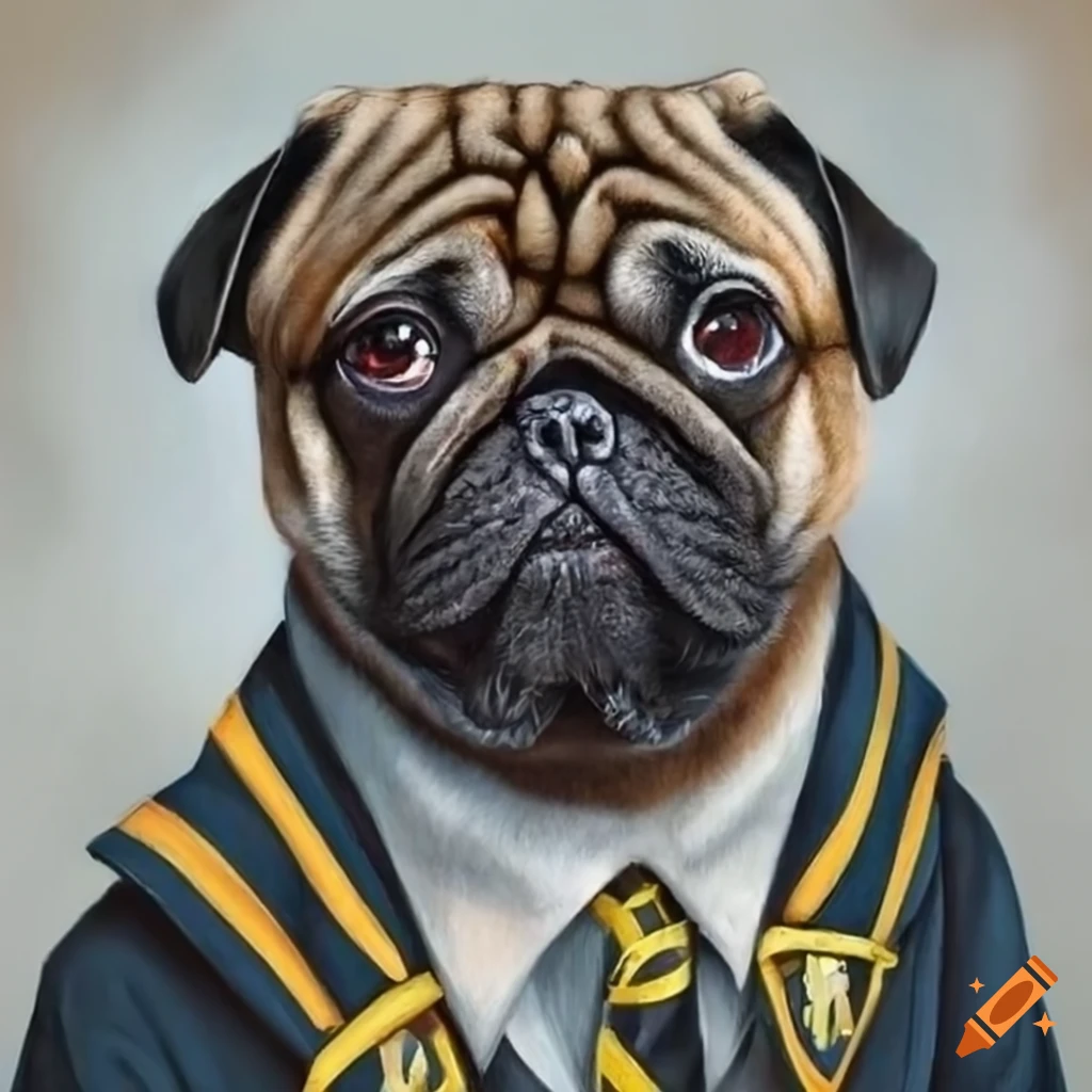 Detailed drawing of a baby pug in a hufflepuff uniform on Craiyon