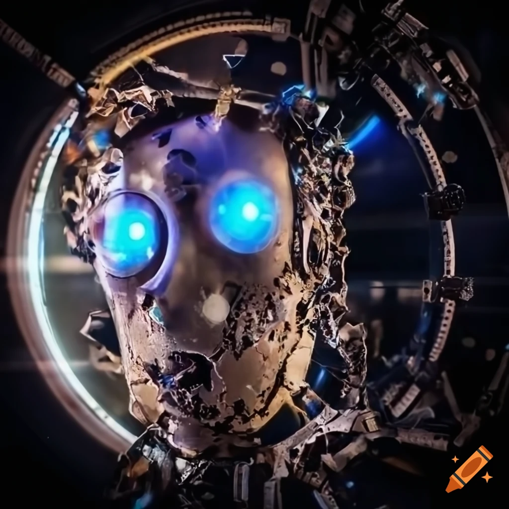 Portrait of a broken robot with glowing lights