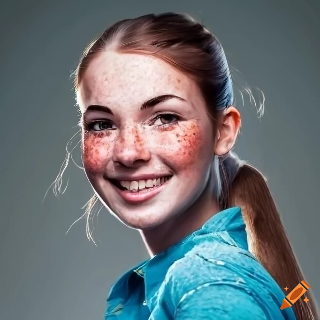 Portrait of a young woman with a beautiful smile and freckles on Craiyon