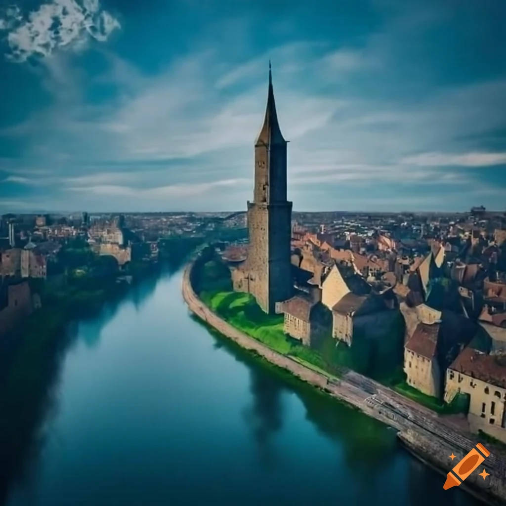 Aerial view of a medieval city on a river