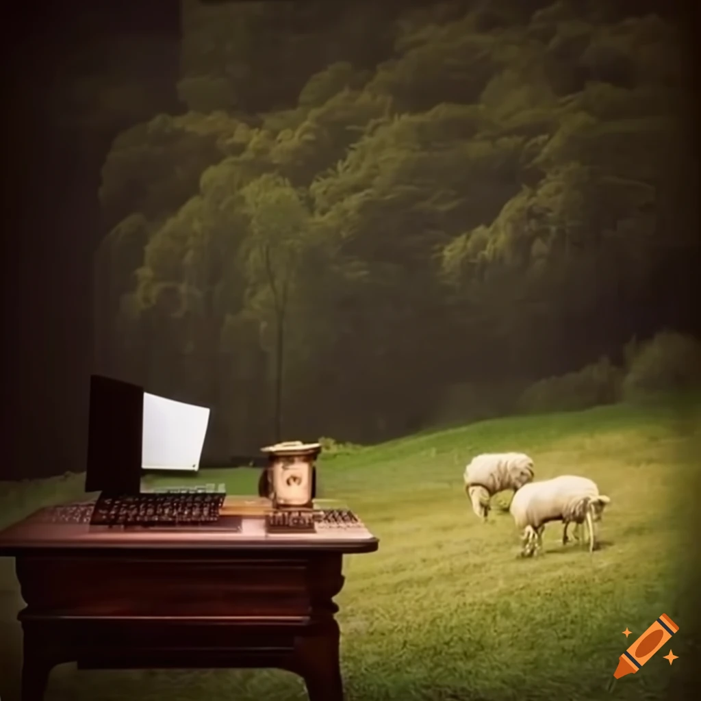 Man sitting at a computer on a grassy hill with sheep on Craiyon