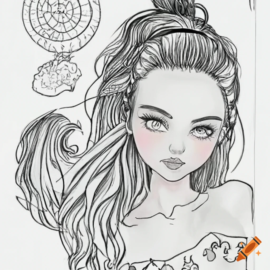 Simple black and white one line drawing of a whimsical girl with a ...