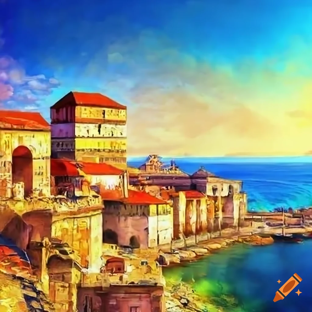 Colorful painting of a Roman city overlooking the sea on Craiyon