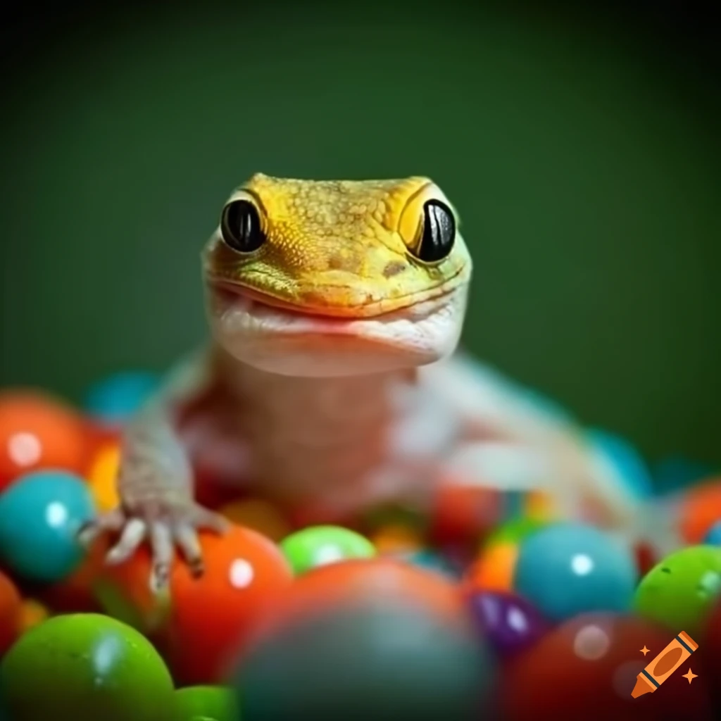 Gecko standing in a bed of ball pit balls on Craiyon