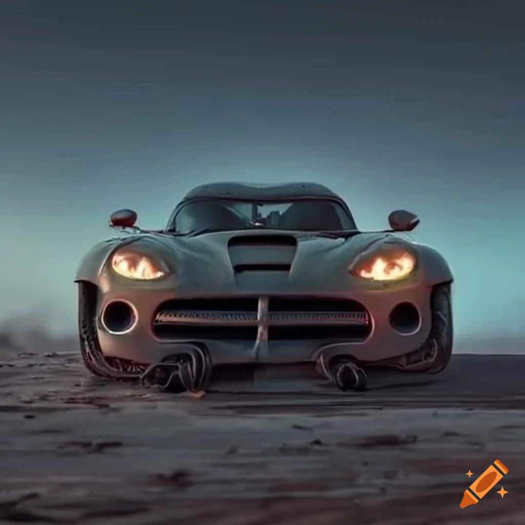 Concept art of a modified Dodge Viper in a wasteland on Craiyon