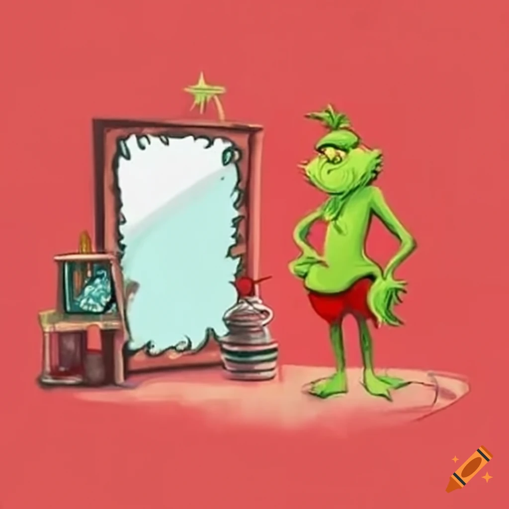 Festive room with mr. grinch behind a large mirror