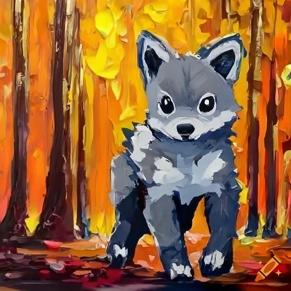 Black and white painting of a pokemon wolf cub in autumn forest on Craiyon