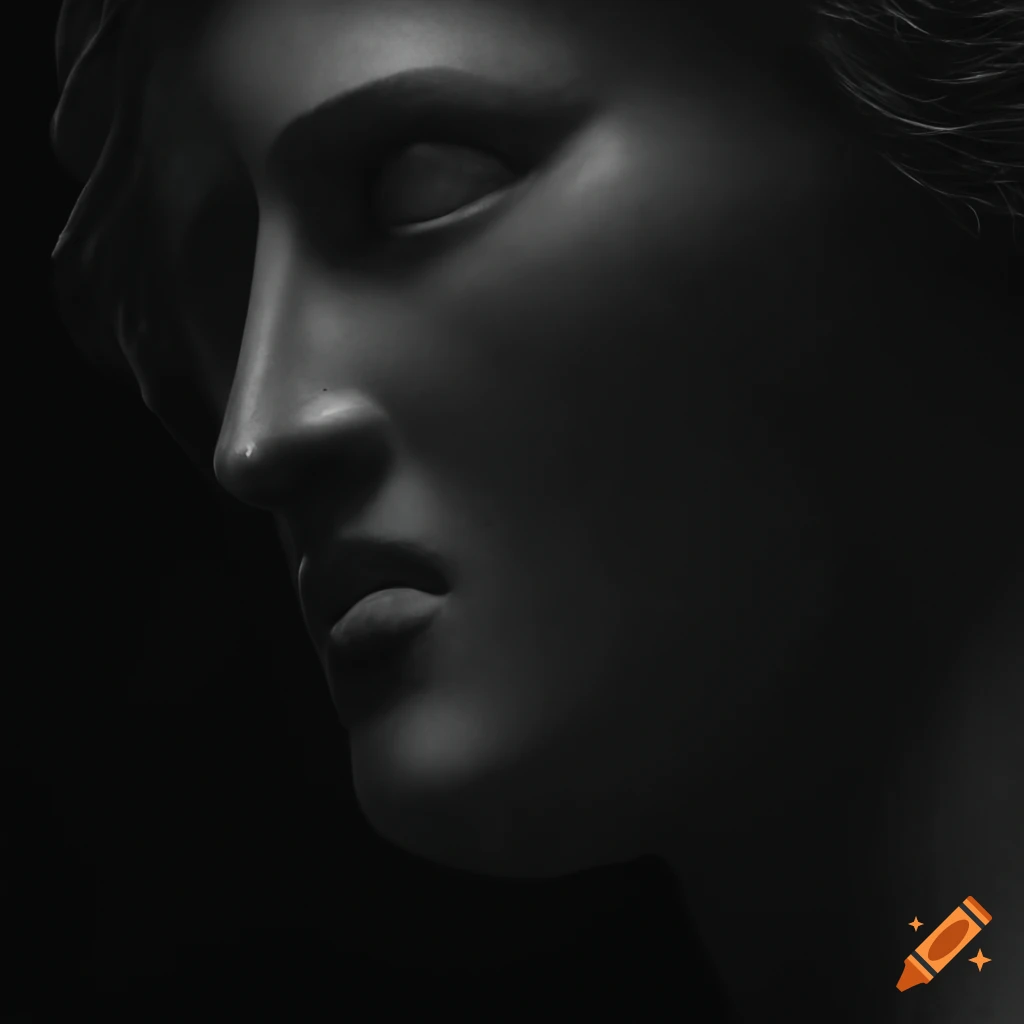 Imposing greek statue on a black background on Craiyon