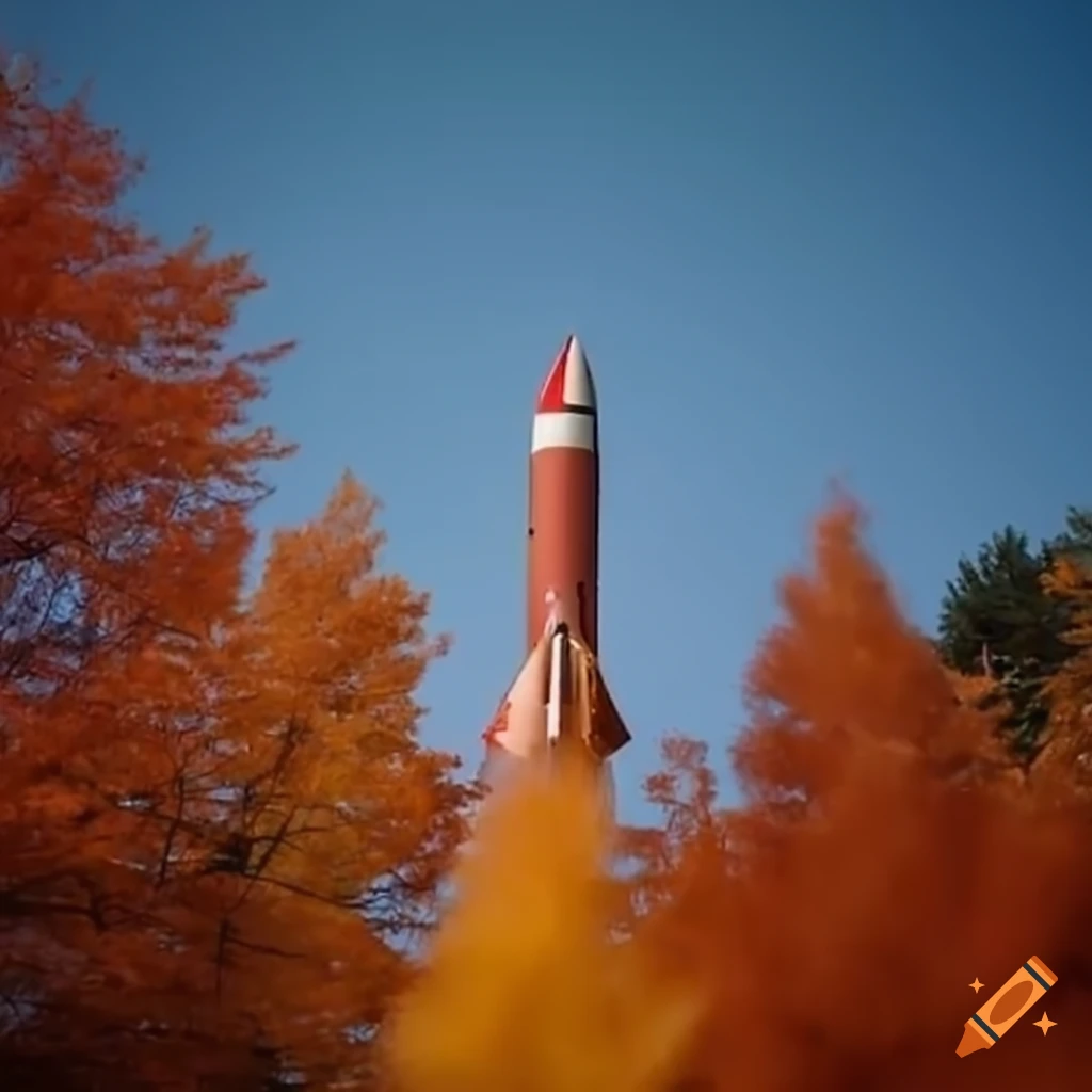 Model rocket flying with fall trees in the background