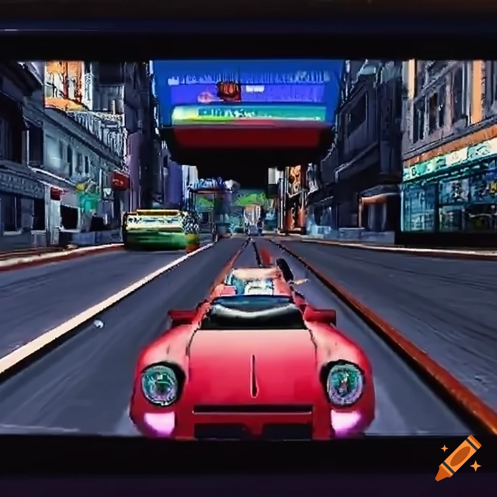 Screenshot of driver pov car racing on sega genesis on Craiyon
