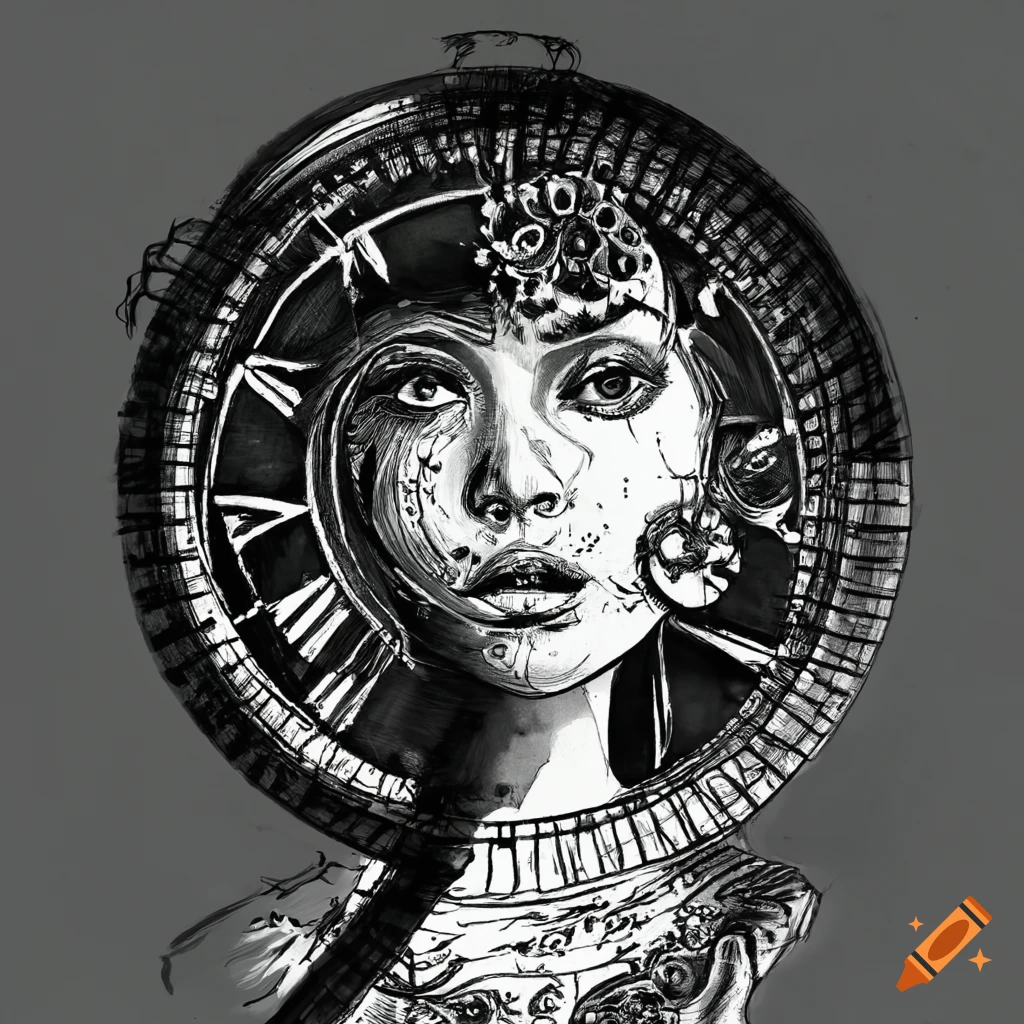 Black and white ink drawing of a woman trapped in a clock on Craiyon
