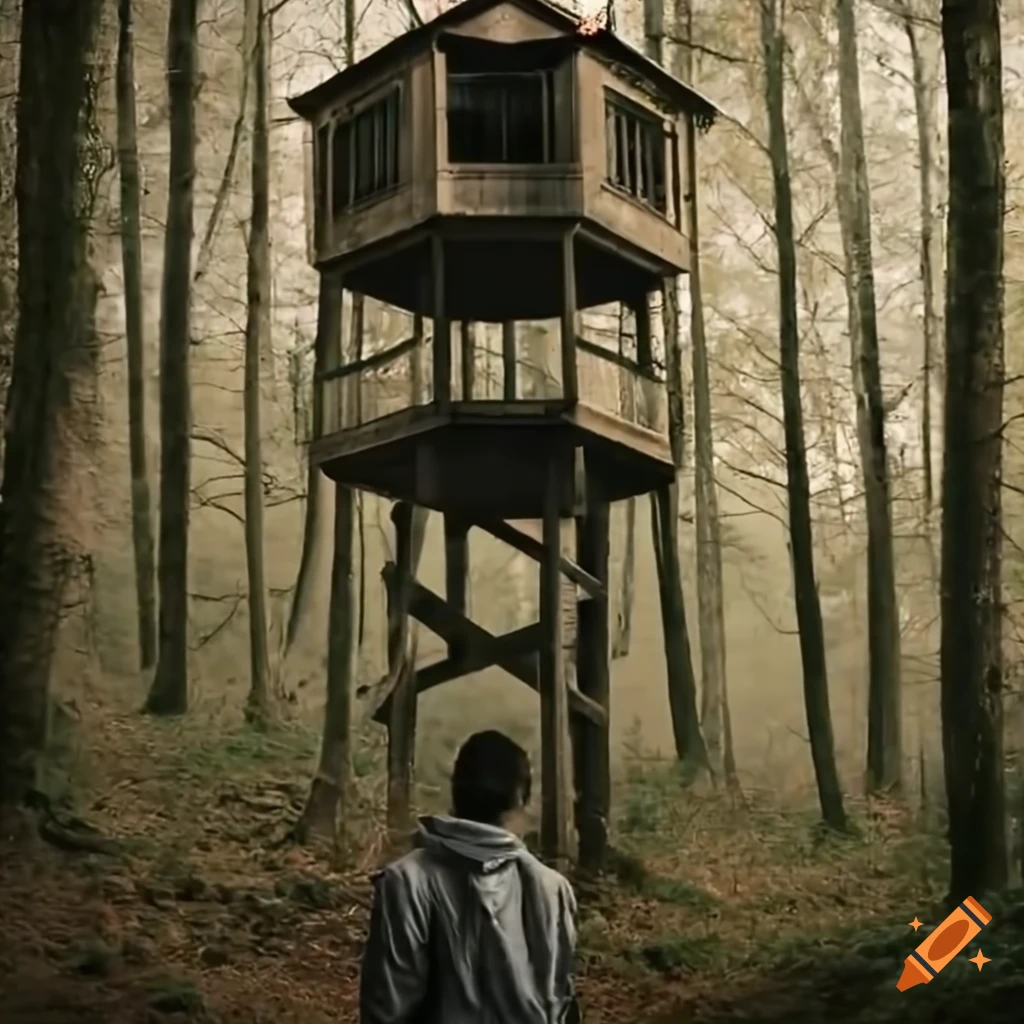 Man overlooking the forest from a watch tower on Craiyon