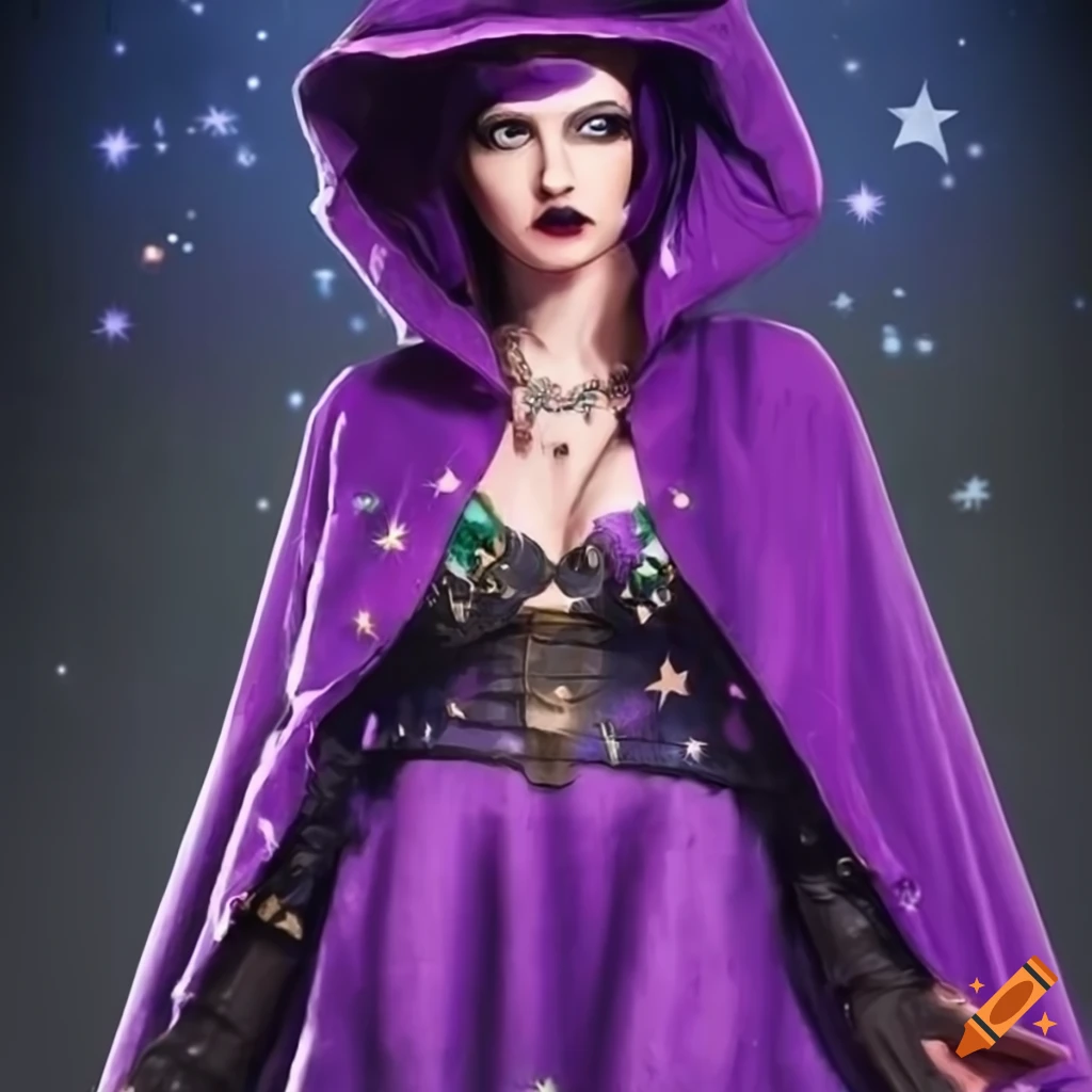Illustration of a punk wizard woman with a purple cloak and hat on Craiyon