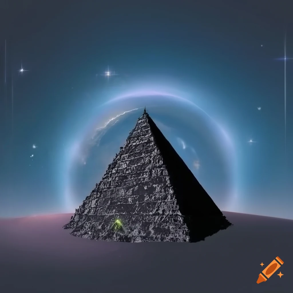 Floating pyramid with sky beam portal in a mysterious dimension on Craiyon