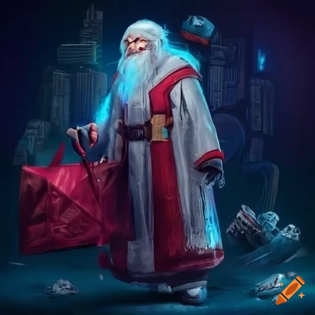 Futuristic depiction of ded moroz with presents on Craiyon