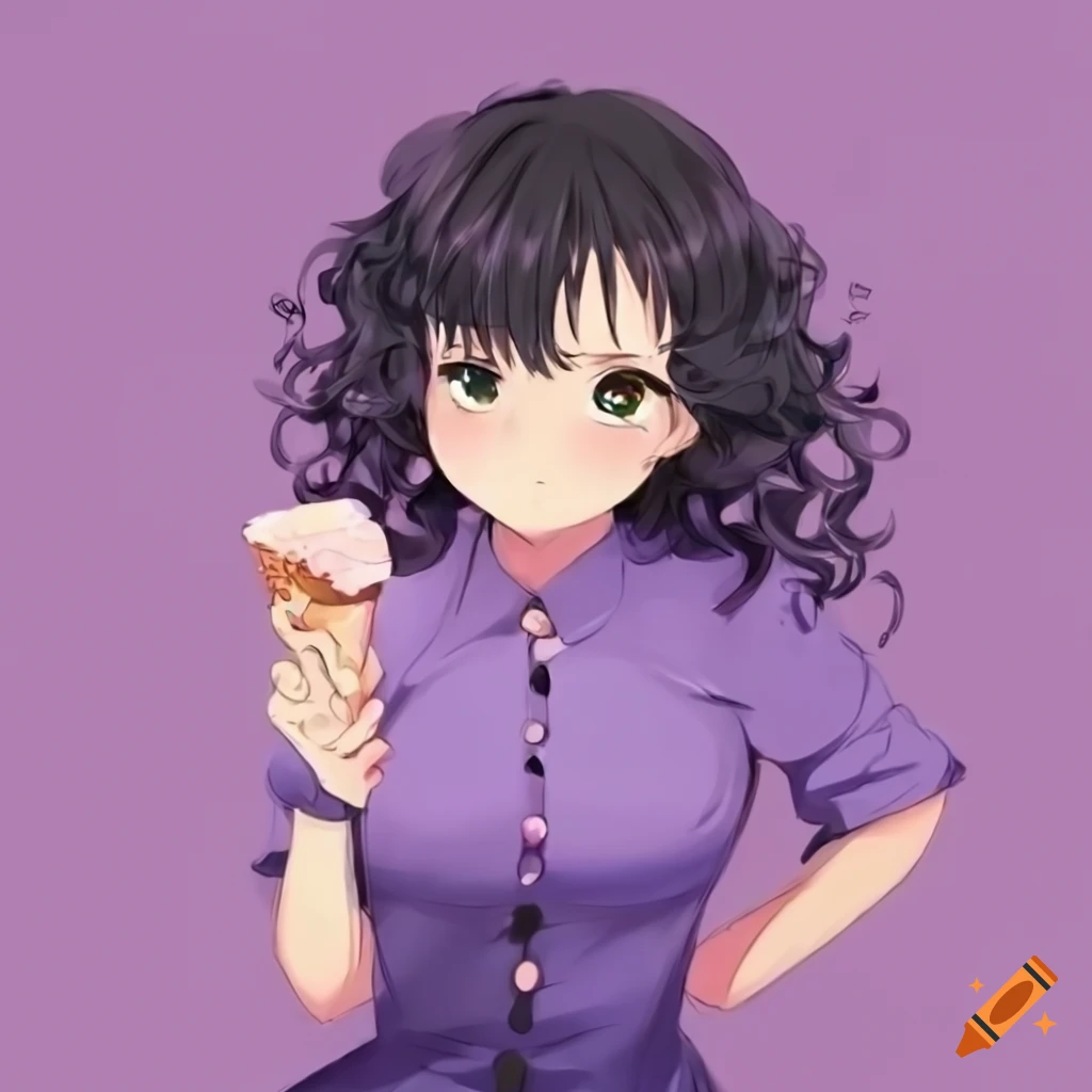Anime Girl With Curly Black Hair And Purple Outfit On Craiyon