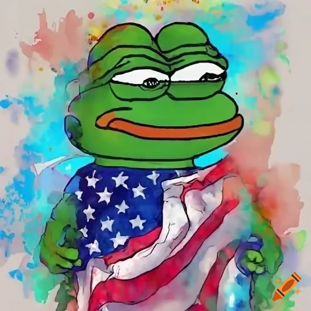 Illustration of pepe the frog with an american flag cape on Craiyon
