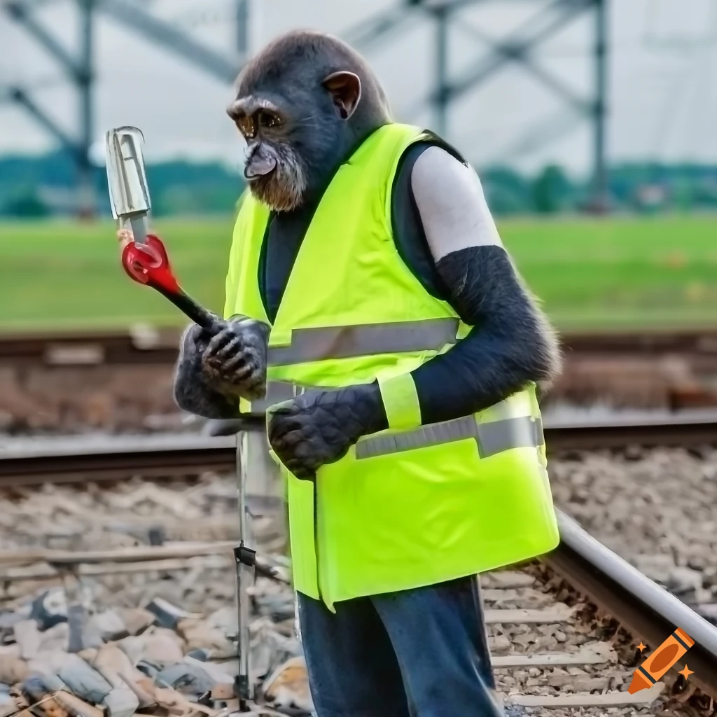 Chimpanzee wearing reflective vest on railroad tracks on Craiyon
