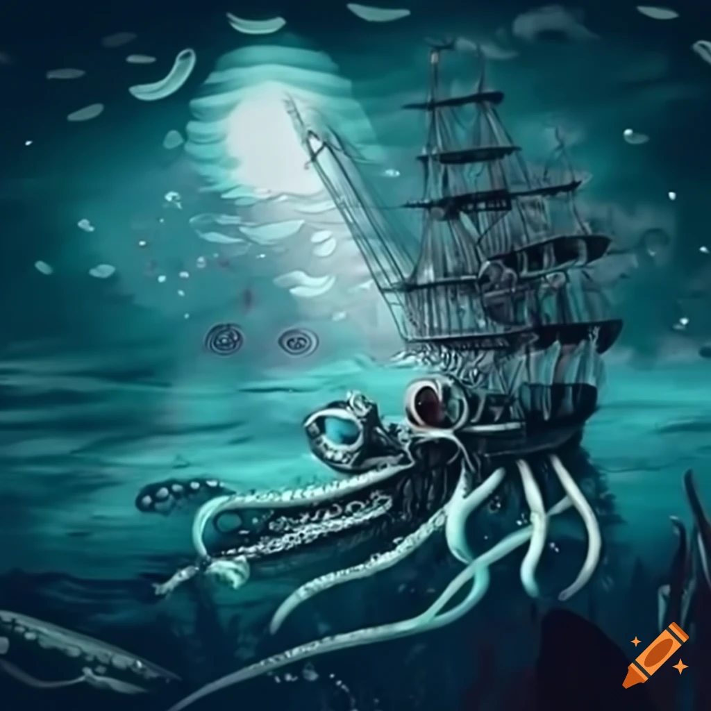 Image of a colossal squid dragging a pirate ship underwater