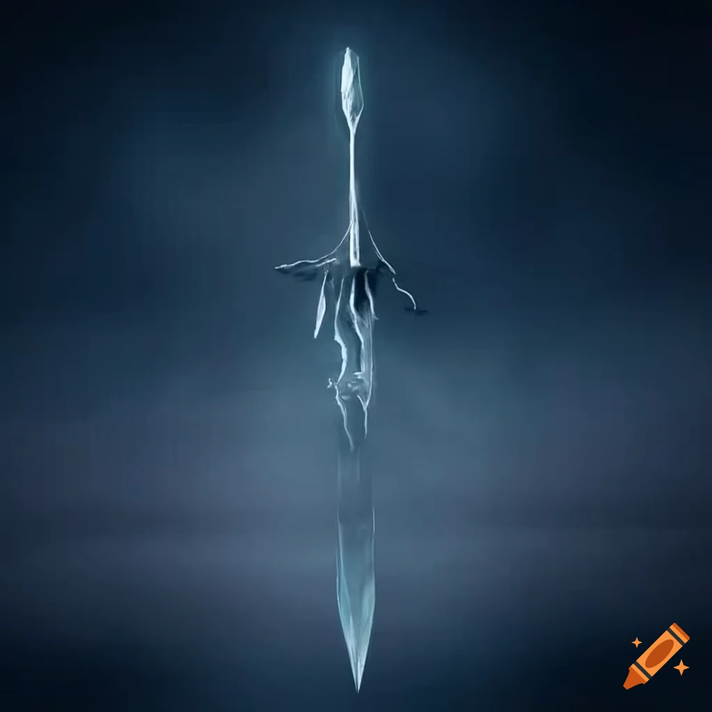 Detailed long sword floating in a foggy nordic lake