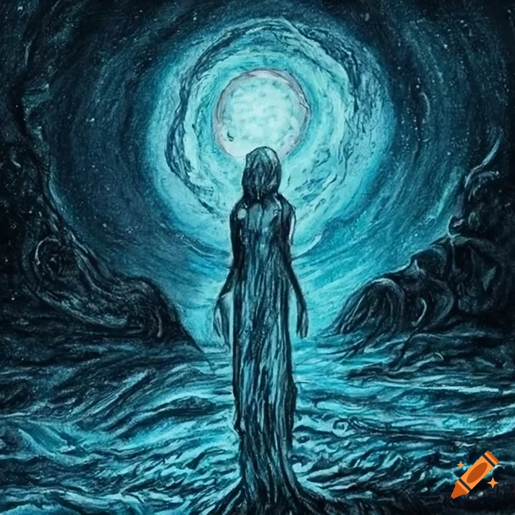 Sketch of a cosmic horror emerging from the ocean on Craiyon