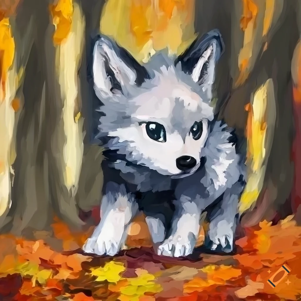 Black and white painting of a pokemon wolf cub in autumn forest on Craiyon