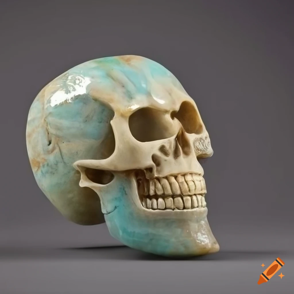 Carved human skull sculpture in semi-precious stone on Craiyon