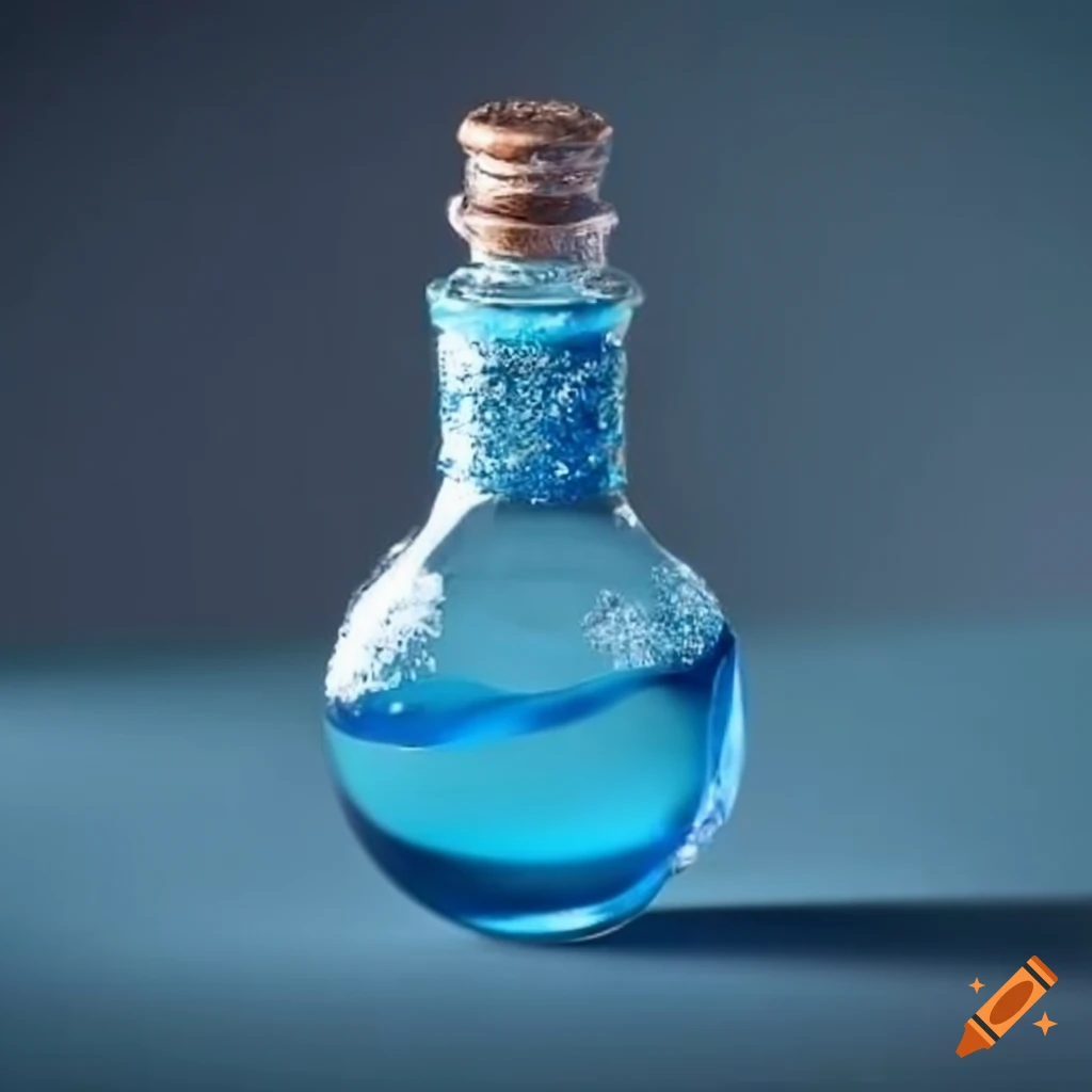 Crystal potion bottle with blue liquid and silver snowflakes on Craiyon