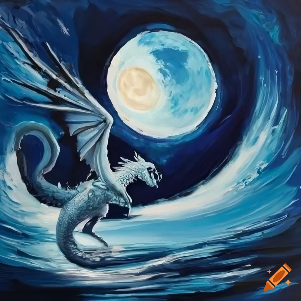 Knife palette painting of a white dragon in moonlight on Craiyon