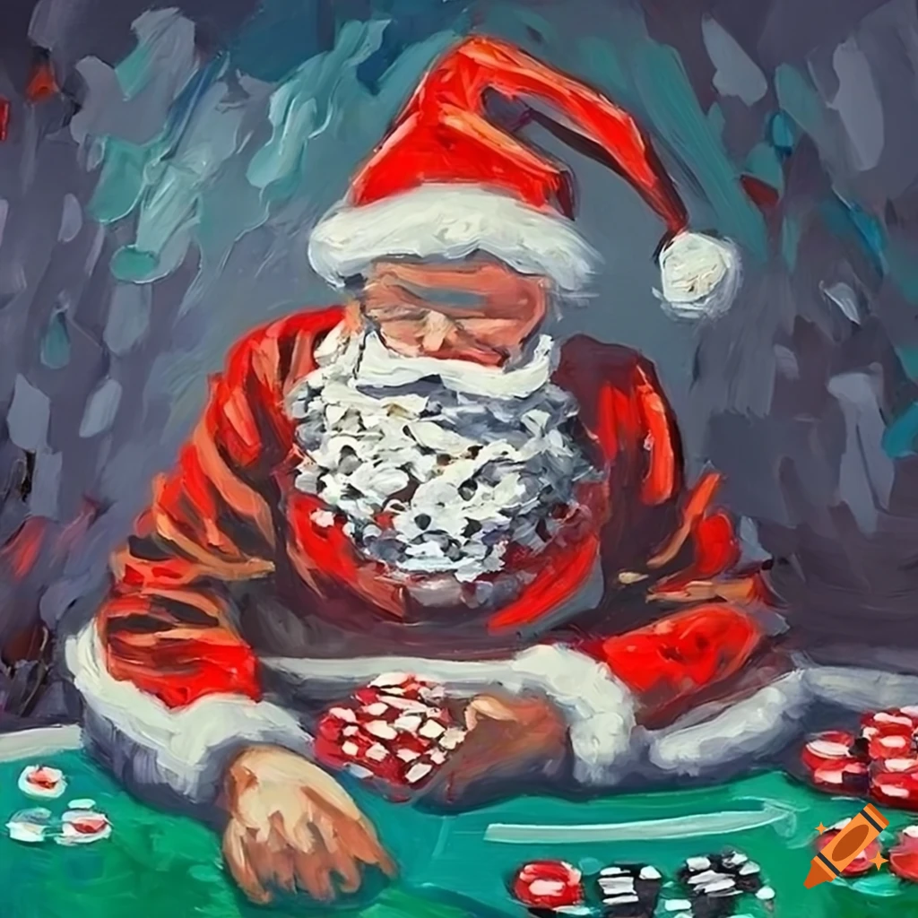 Knife palette painting of santa playing poker