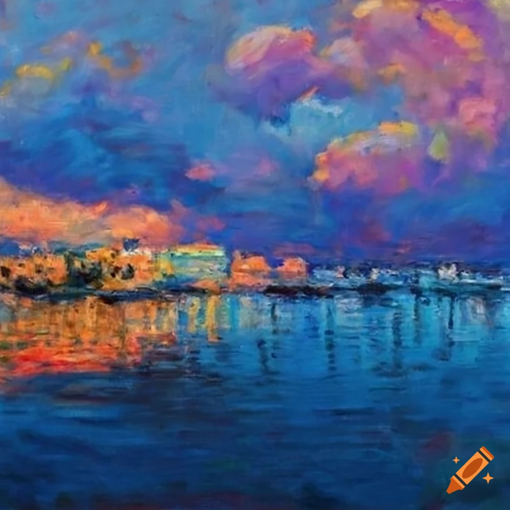 Monet-style impressionist painting of a waterfront town on Craiyon