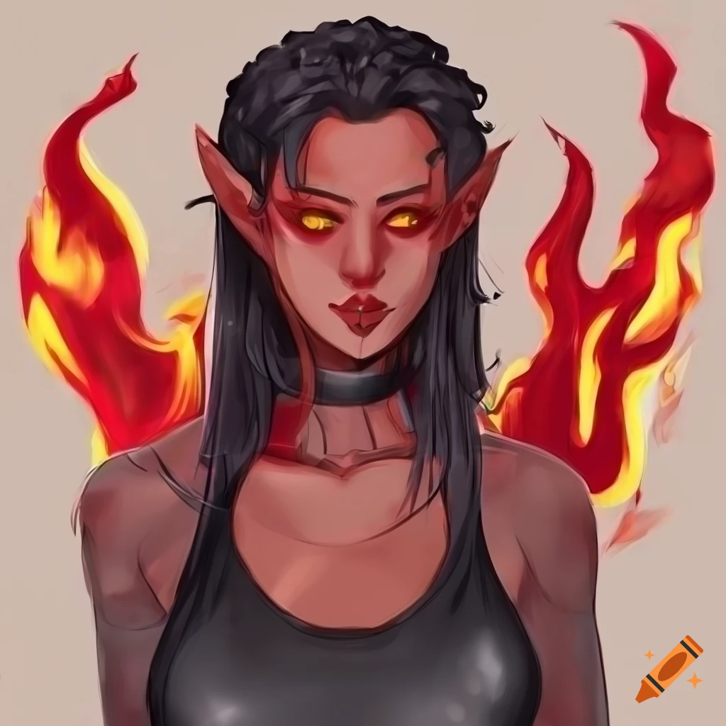 Anime-style drawing of a female fire genasi on Craiyon