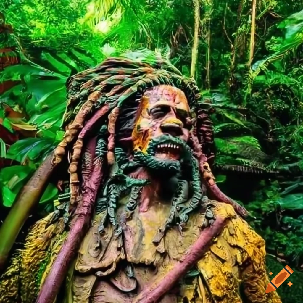 Vibrant jungle with a majestic Rastafari statue on Craiyon